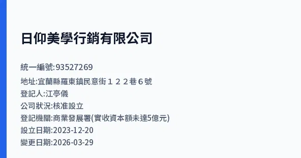 日仰美學行銷有限公司的照片-統編 93527269(宜蘭縣) 公司登記資料與營業項目詳細圖表