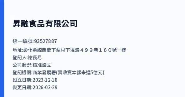 昇融食品有限公司的照片-統編 93527887(彰化縣) 公司登記資料與營業項目詳細圖表