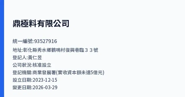 鼎極料有限公司的照片-統編 93527916(彰化縣) 公司登記資料與營業項目詳細圖表