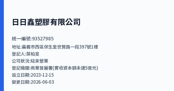 日日鑫塑膠有限公司的照片-統編 93527985(嘉義市) 公司登記資料與營業項目詳細圖表