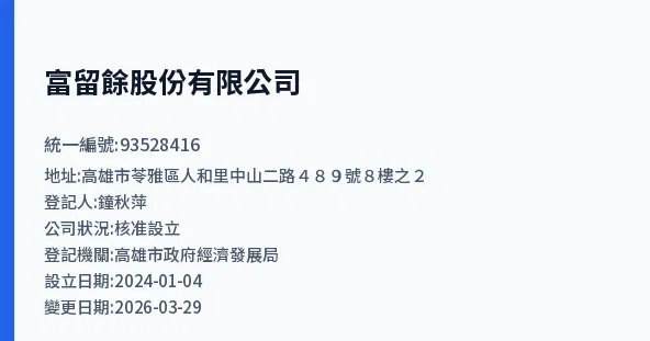富留餘股份有限公司的照片-統編 93528416(高雄市) 公司登記資料與營業項目詳細圖表