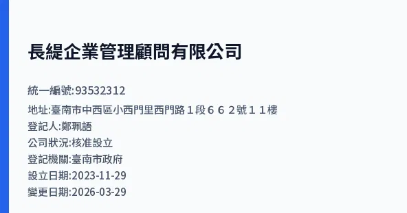長緹企業管理顧問有限公司的照片-統編 93532312(臺南市) 公司登記資料與營業項目詳細圖表