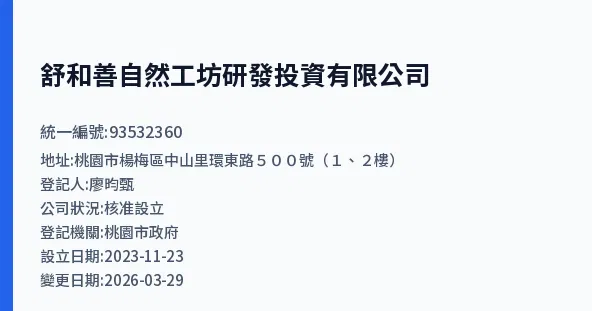 舒和善自然工坊研發投資有限公司的照片-統編 93532360(桃園市) 公司登記資料與營業項目詳細圖表