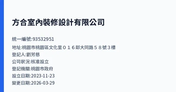 方合室內裝修設計有限公司的照片-統編 93532951(桃園市) 公司登記資料與營業項目詳細圖表