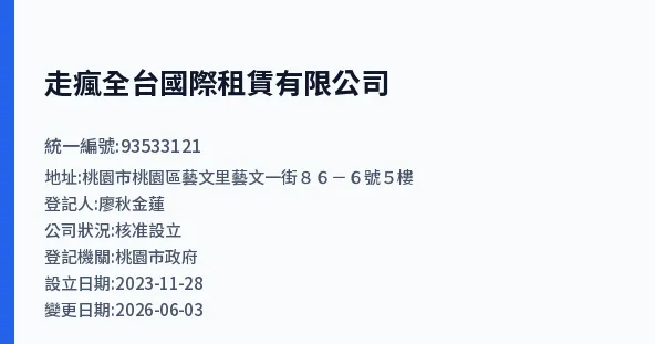 走瘋全台國際租賃有限公司的照片-統編 93533121(桃園市) 公司登記資料與營業項目詳細圖表