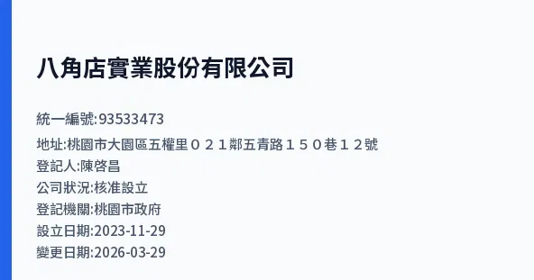 八角店實業股份有限公司的照片-統編 93533473(桃園市) 公司登記資料與營業項目詳細圖表