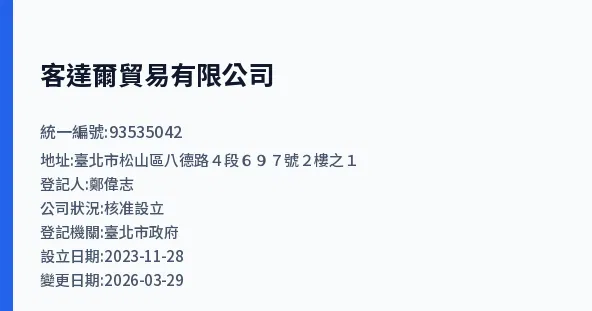 客達爾貿易有限公司的照片-統編 93535042(臺北市) 公司登記資料與營業項目詳細圖表