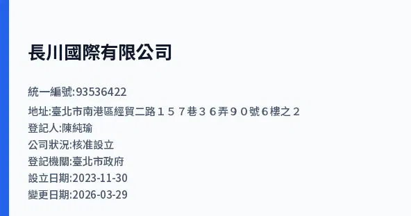 長川國際有限公司的照片-統編 93536422(臺北市) 公司登記資料與營業項目詳細圖表