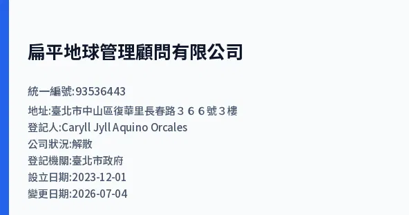 扁平地球管理顧問有限公司的照片-統編 93536443(臺北市) 公司登記資料與營業項目詳細圖表