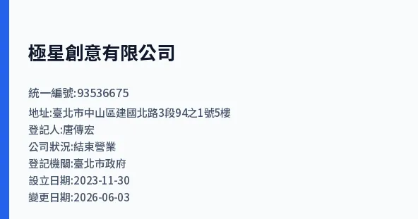 極星創意有限公司的照片-統編 93536675(臺北市) 公司登記資料與營業項目詳細圖表