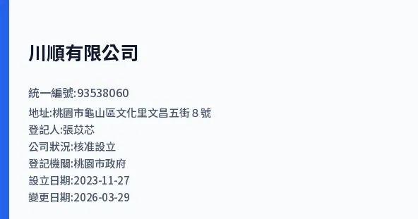 川順有限公司的照片-統編 93538060(桃園市) 公司登記資料與營業項目詳細圖表