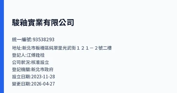 駿釉實業有限公司的照片-統編 93538293(新北市) 公司登記資料與營業項目詳細圖表