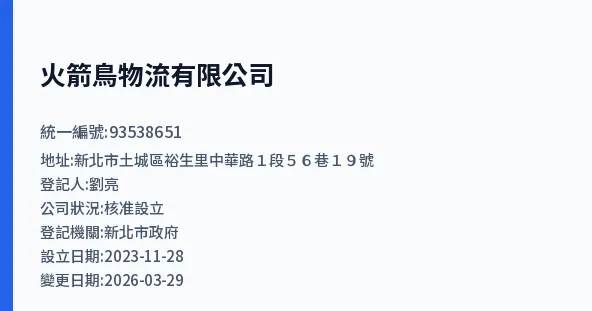 火箭鳥物流有限公司的照片-統編 93538651(新北市) 公司登記資料與營業項目詳細圖表