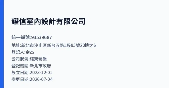 耀信室內設計有限公司的照片-統編 93539687(新北市) 公司登記資料與營業項目詳細圖表