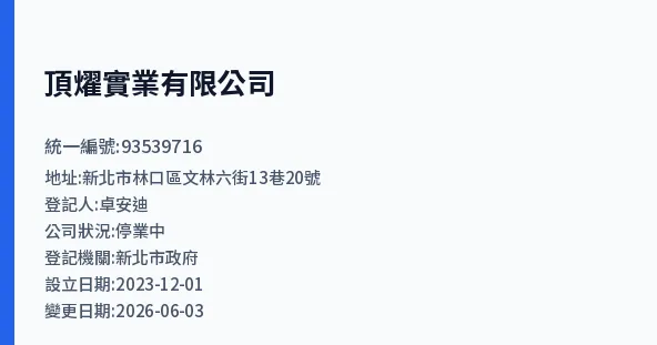 頂燿實業有限公司的照片-統編 93539716(新北市) 公司登記資料與營業項目詳細圖表