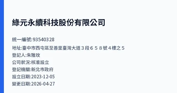 綠元永續科技股份有限公司的照片-統編 93540328(臺中市) 公司登記資料與營業項目詳細圖表