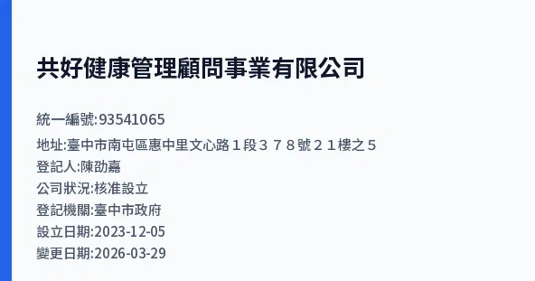 共好健康管理顧問事業有限公司的照片-統編 93541065(臺中市) 公司登記資料與營業項目詳細圖表