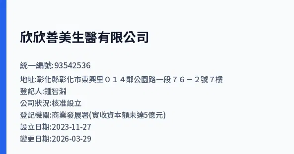欣欣善美生醫有限公司的照片-統編 93542536(彰化縣) 公司登記資料與營業項目詳細圖表