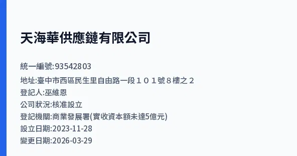 天海華供應鏈有限公司的照片-統編 93542803(臺中市) 公司登記資料與營業項目詳細圖表