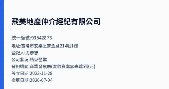 飛美地產仲介經紀有限公司的照片-統編 93542873(基隆市) 公司登記資料與營業項目詳細圖表