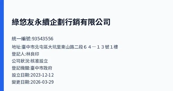綠悠友永續企劃行銷有限公司的照片-統編 93543556(臺中市) 公司登記資料與營業項目詳細圖表