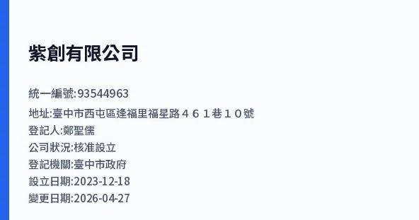 紫創有限公司的照片-統編 93544963(臺中市) 公司登記資料與營業項目詳細圖表
