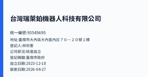 台灣瑞萊鉑機器人科技有限公司的照片-統編 93545695(臺南市) 公司登記資料與營業項目詳細圖表