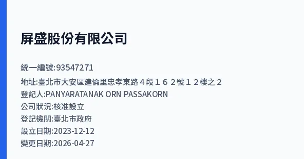 屏盛股份有限公司的照片-統編 93547271(臺北市) 公司登記資料與營業項目詳細圖表
