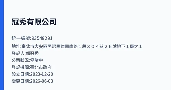 冠秀有限公司的照片-統編 93548291(臺北市) 公司登記資料與營業項目詳細圖表