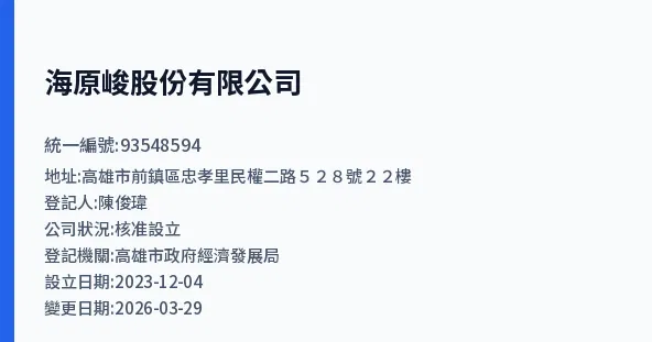 海原峻股份有限公司的照片-統編 93548594(高雄市) 公司登記資料與營業項目詳細圖表