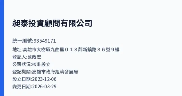 昶泰投資顧問有限公司的照片-統編 93549171(高雄市) 公司登記資料與營業項目詳細圖表
