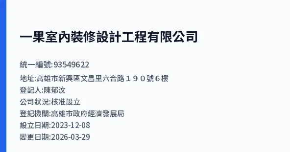 一果室內裝修設計工程有限公司的照片-統編 93549622(高雄市) 公司登記資料與營業項目詳細圖表