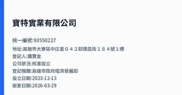寶特實業有限公司的照片-統編 93550227(高雄市) 公司登記資料與營業項目詳細圖表