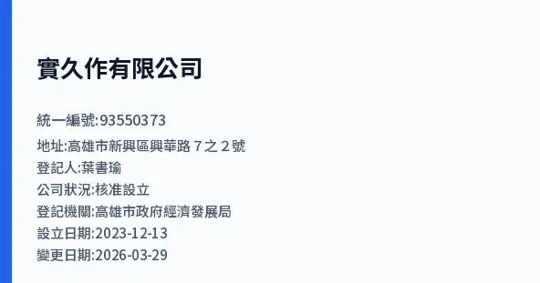 實久作有限公司的照片-統編 93550373(高雄市) 公司登記資料與營業項目詳細圖表