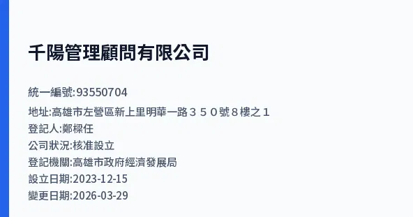 千陽管理顧問有限公司的照片-統編 93550704(高雄市) 公司登記資料與營業項目詳細圖表