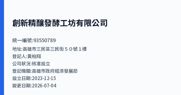 創新精釀發酵工坊有限公司的照片-統編 93550789(高雄市) 公司登記資料與營業項目詳細圖表