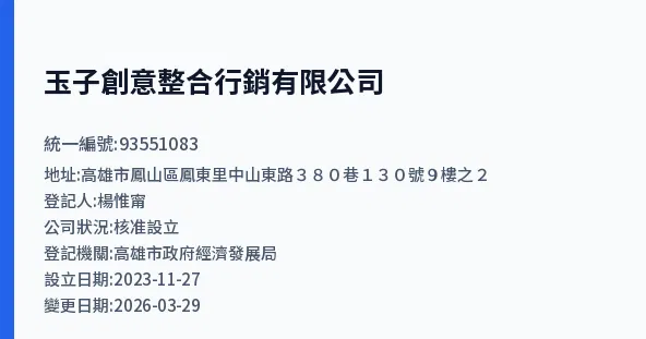 玉子創意整合行銷有限公司的照片-統編 93551083(高雄市) 公司登記資料與營業項目詳細圖表