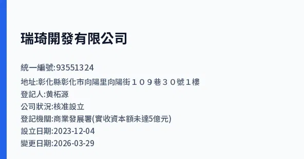 瑞琦開發有限公司的照片-統編 93551324(彰化縣) 公司登記資料與營業項目詳細圖表