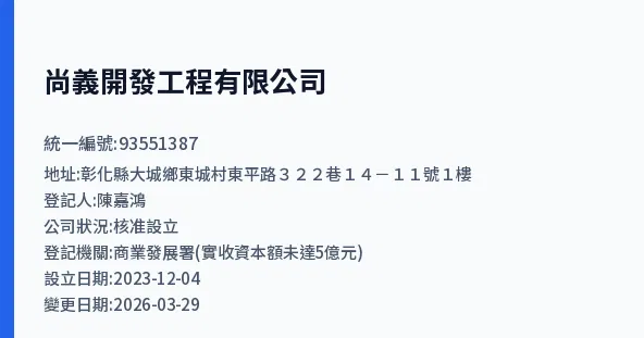 尚義開發工程有限公司的照片-統編 93551387(彰化縣) 公司登記資料與營業項目詳細圖表