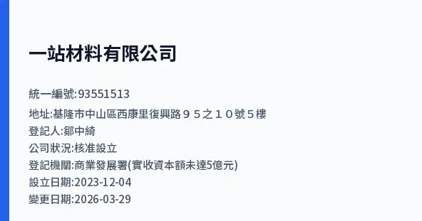 一站材料有限公司的照片-統編 93551513(基隆市) 公司登記資料與營業項目詳細圖表