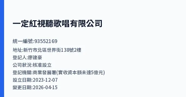 一定紅視聽歌唱有限公司的照片-統編 93552169(新竹市) 公司登記資料與營業項目詳細圖表