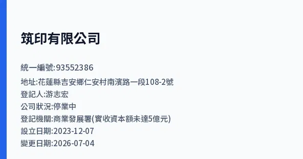 筑印有限公司的照片-統編 93552386(花蓮縣) 公司登記資料與營業項目詳細圖表