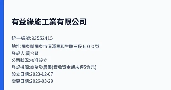 有益綠能工業有限公司的照片-統編 93552415(屏東縣) 公司登記資料與營業項目詳細圖表