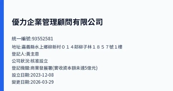 優力企業管理顧問有限公司的照片-統編 93552581(嘉義縣) 公司登記資料與營業項目詳細圖表
