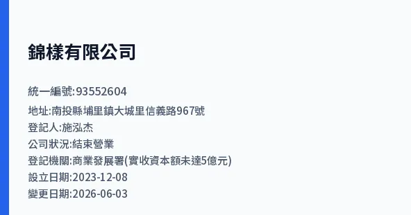 錦樣有限公司的照片-統編 93552604(南投縣) 公司登記資料與營業項目詳細圖表