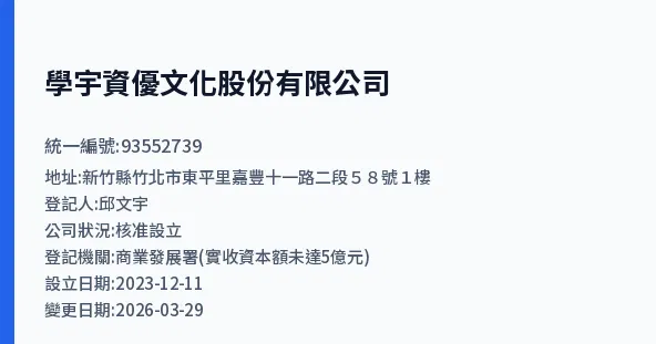 學宇資優文化股份有限公司的照片-統編 93552739(新竹縣) 公司登記資料與營業項目詳細圖表