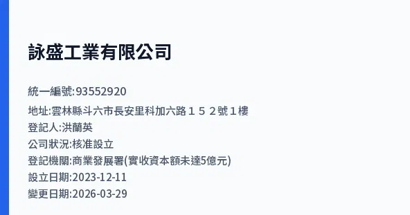 詠盛工業有限公司的照片-統編 93552920(雲林縣) 公司登記資料與營業項目詳細圖表