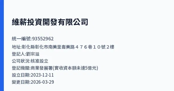 維薪投資開發有限公司的照片-統編 93552962(彰化縣) 公司登記資料與營業項目詳細圖表