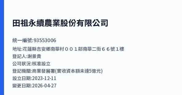 田祖永續農業股份有限公司的照片-統編 93553006(花蓮縣) 公司登記資料與營業項目詳細圖表