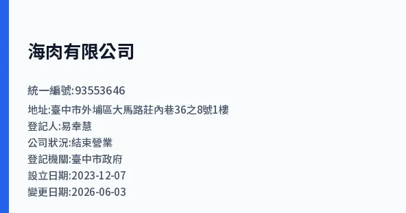 海肉有限公司的照片-統編 93553646(臺中市) 公司登記資料與營業項目詳細圖表